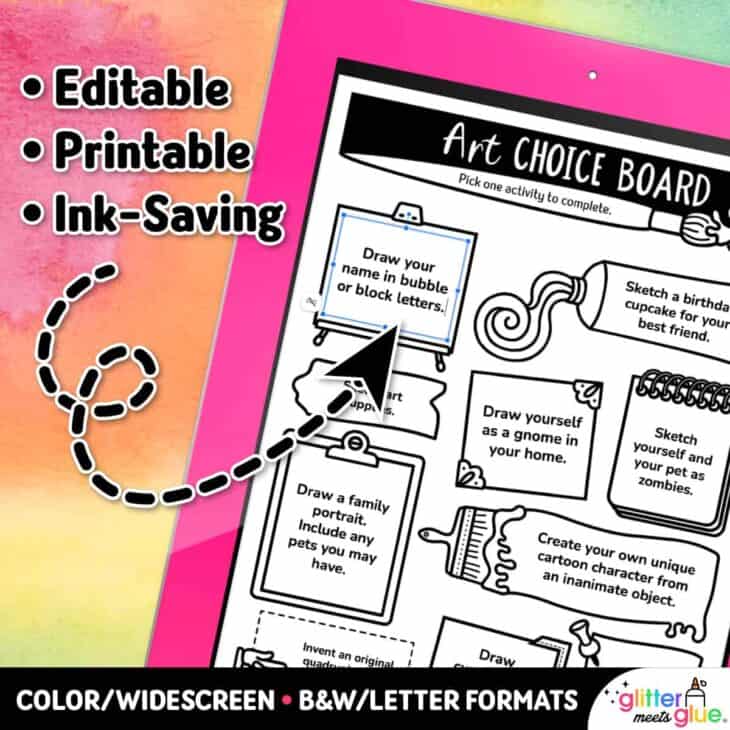 Editable Art Choice Board Templates – Elementary & Middle School
