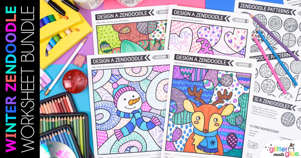 Winter Zendoodle Art Worksheet Bundle – 40 Fast Finisher Activities